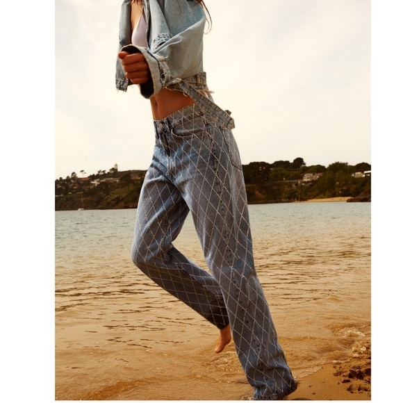 Zara | Jeans | Zara Trf Rhinestone High Rise Wide Leg Jeans | Poshmark